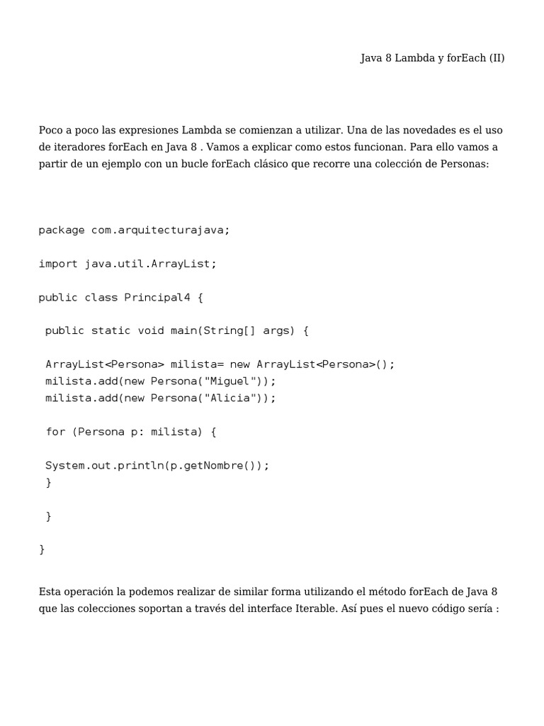 Java 8: Lambda y forEach Simplificado | PDF | Función anónima | Java (lenguaje de programación)
