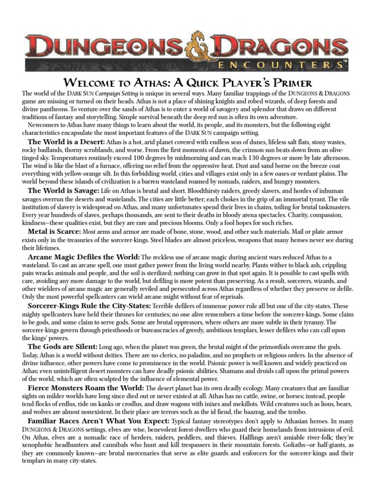 Athas: Dark Sun Player's Guide | PDF | Dungeons & Dragons | Fantasy