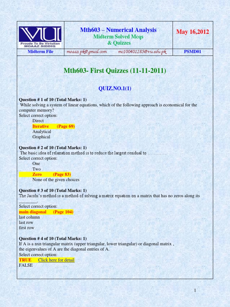 MTH603 - Midterm MCQS Solved With References by Moaaz PDF | PDF | Integral | Matrix (Mathematics)
