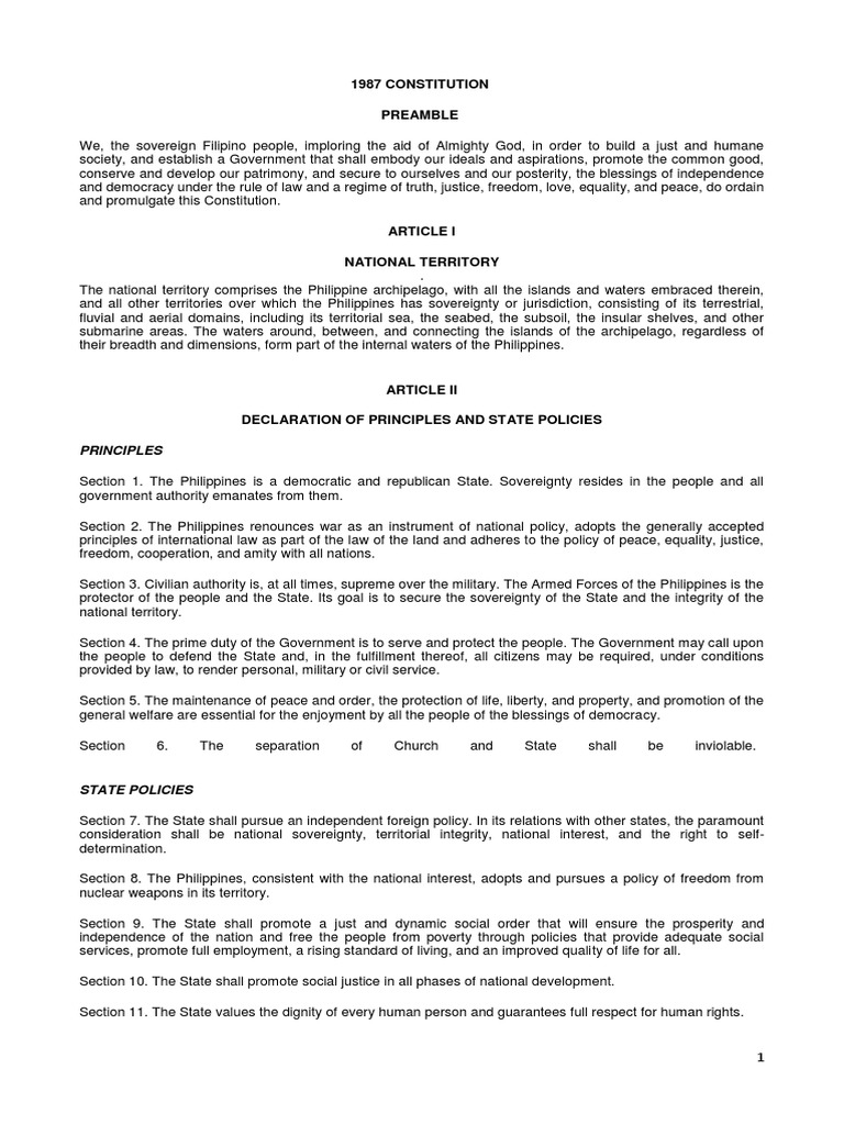 1987 Constitution Preamble: Principles | PDF | United States House Of ...
