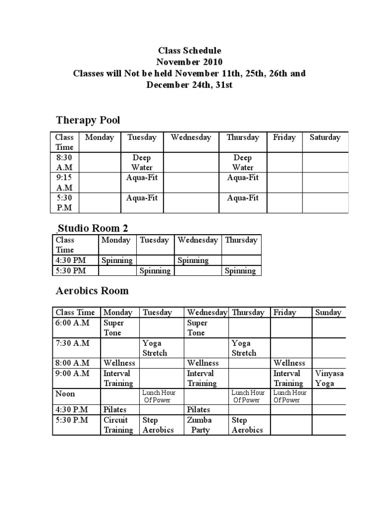 Class Schedule November 2010 | PDF | Sports | Leisure