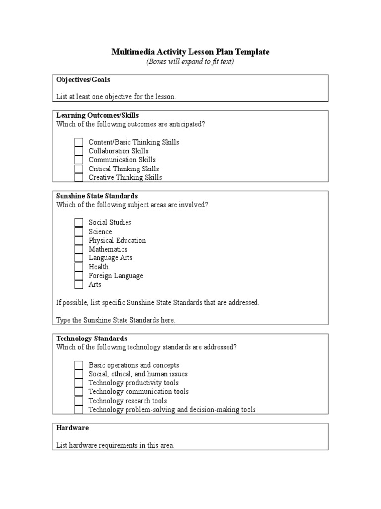 Multimedia Activity Lesson Plan Template: Objectives/Goals | PDF