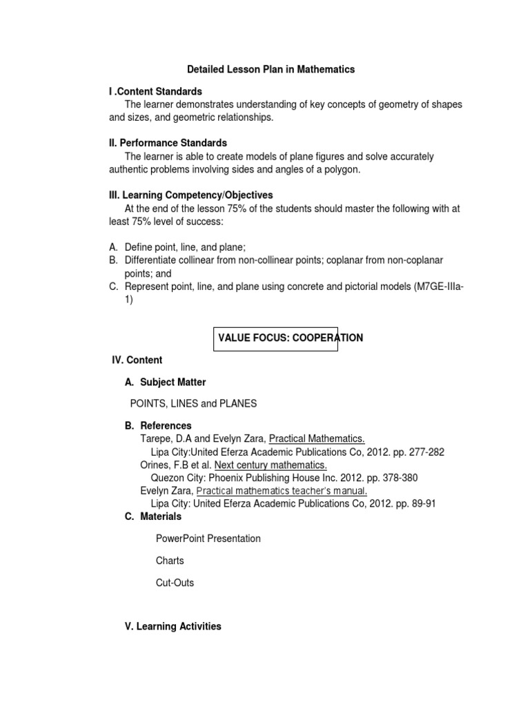 Detailed Lesson Plan in Mathematics | PDF | Line (Geometry) | Geometry