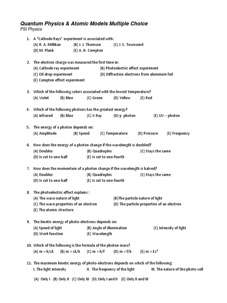 Physics Quiz: Quantum & Atomic Models | PDF | Electron | Photon