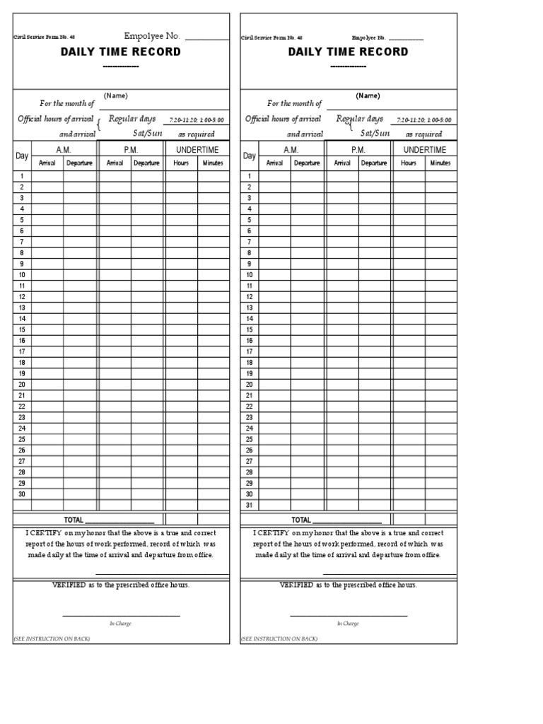 Civil Service Form 48 - DTR Blank Form.xlsx | Judiciaries | Virtue