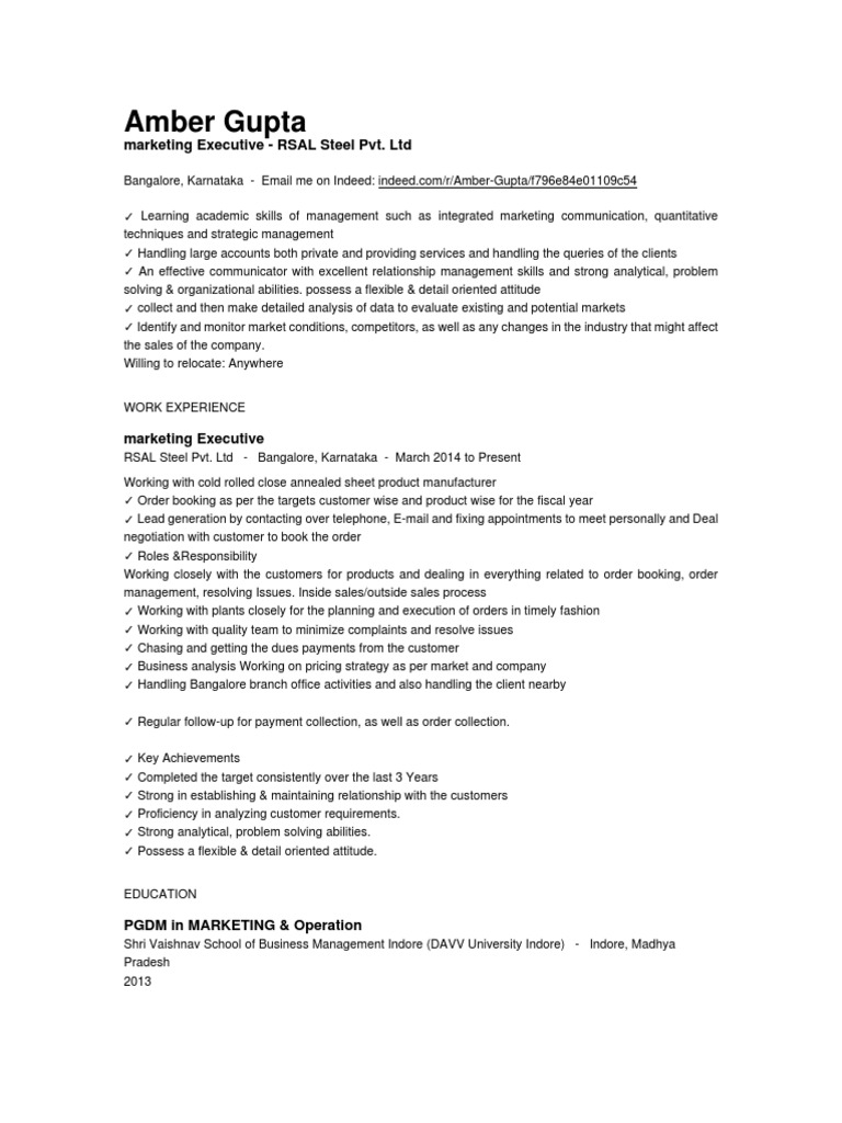 Amber Gupta: Marketing Executive - RSAL Steel Pvt. LTD | PDF | Sales | Marketing