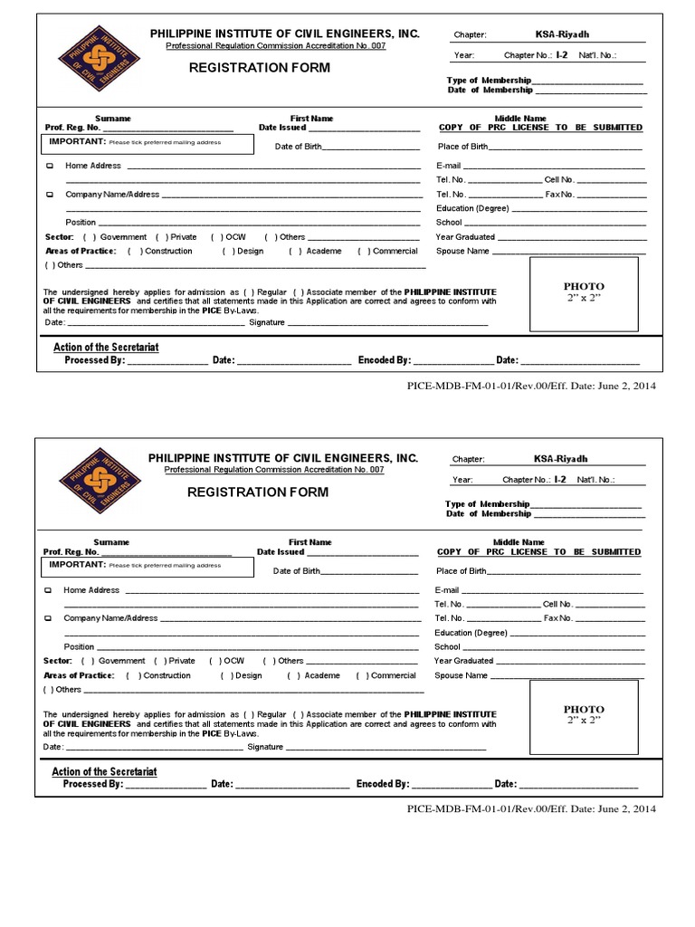 PICE Membership Registration Form | PDF | Engineering | Business