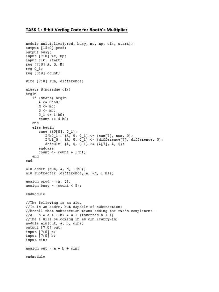 TASK 1: 8-Bit Verilog Code For Booth's Multiplier | PDF | Subtraction ...
