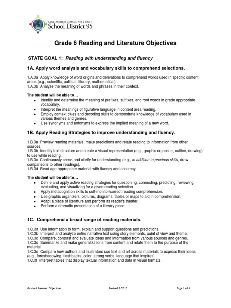Grade 6 Reading and Literature Objectives | PDF | Reading Comprehension ...