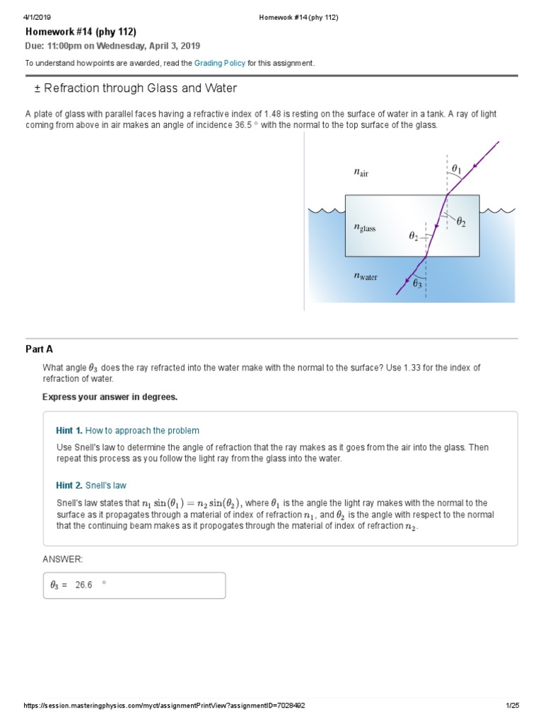Homework #14 (Phy 112) Solutions | PDF | Refraction | Refractive Index