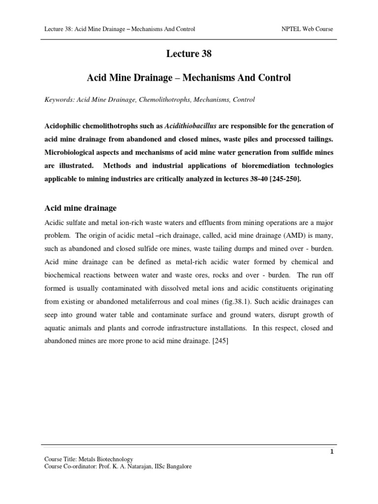 Acid Mine Drainage - Mechanisms and Control | Download Free PDF ...