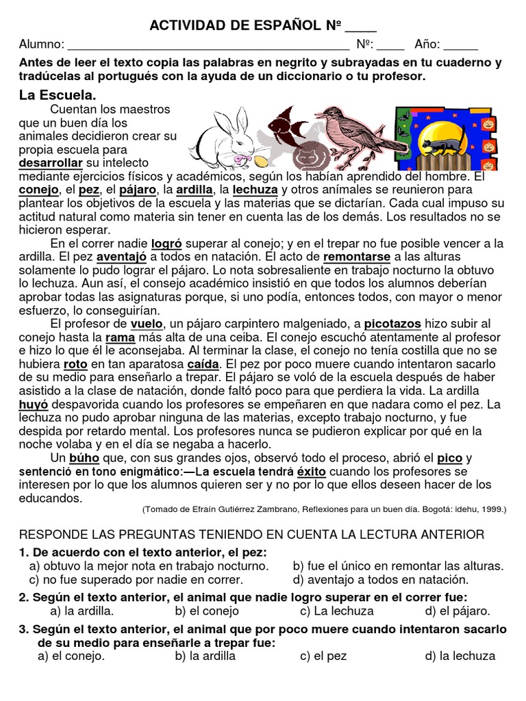 Actividades de lectura y comprensión en español | PDF | Verbo | Aves