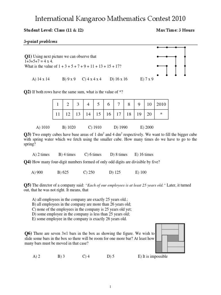 International Kangaroo Mathematics Contest 2010: Student Level: Class ...