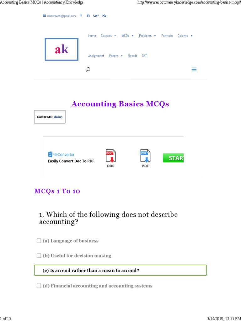 Accounting Basics MCQs - Accountancy Knowledge | PDF | Accounting ...