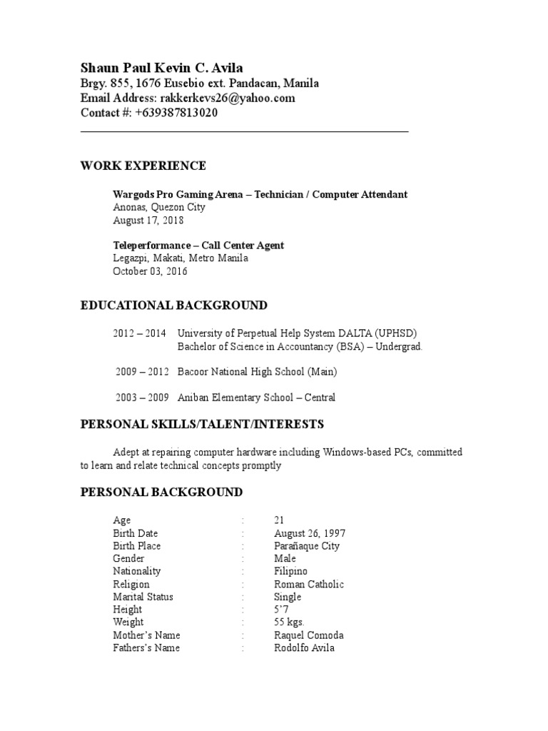 Shaun Avila's Resume and Experience | PDF