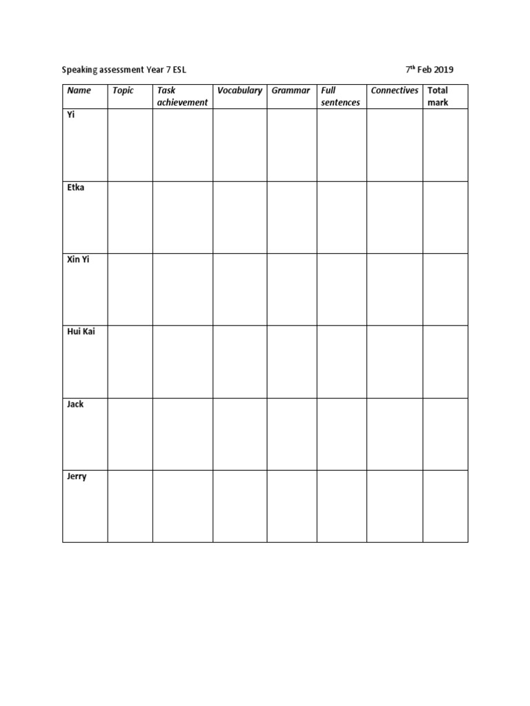 Year 7 ESL Speaking Assessment Guide | PDF | Language Arts & Discipline