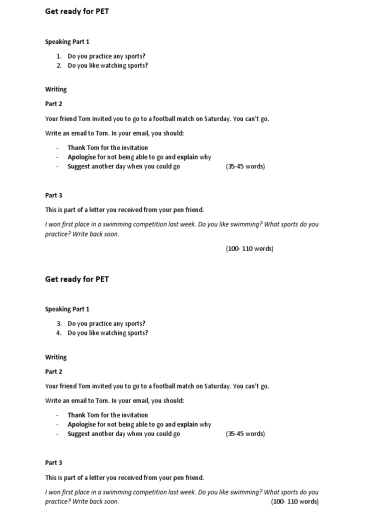 PET Speaking and Writing Tasks | PDF