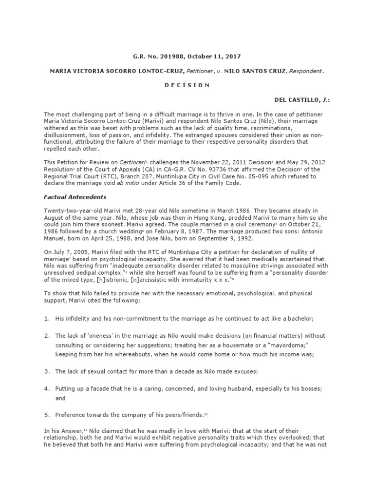 Marriage Nullity Case: Lontoc-Cruz v. Cruz | PDF | Marriage | Mental ...