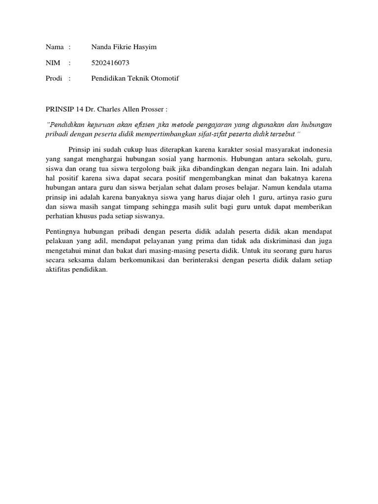 Penjelasan Prinsip Pendidkan Kejuruan Dari Charles Allen Prosser | PDF ...