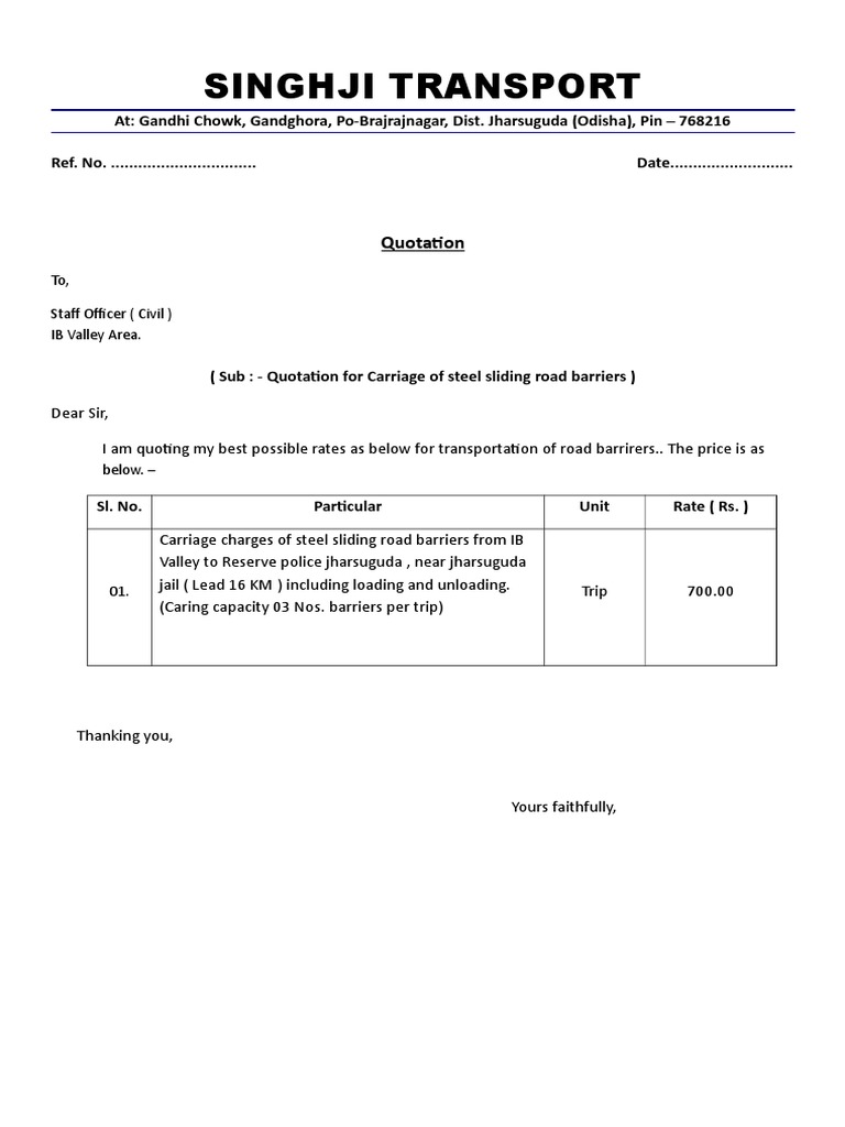Singhji Transport: Quotation | PDF