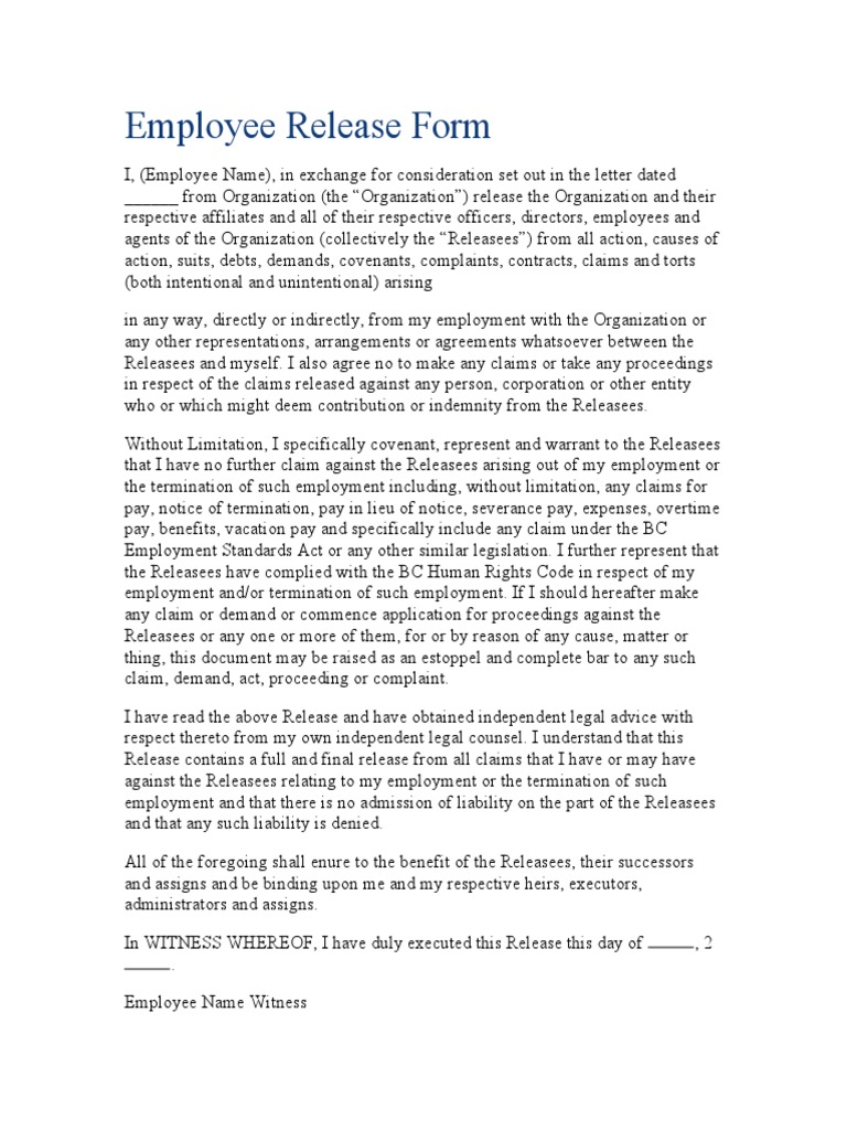 Employee Release Form | PDF | Legal Concepts | Employment