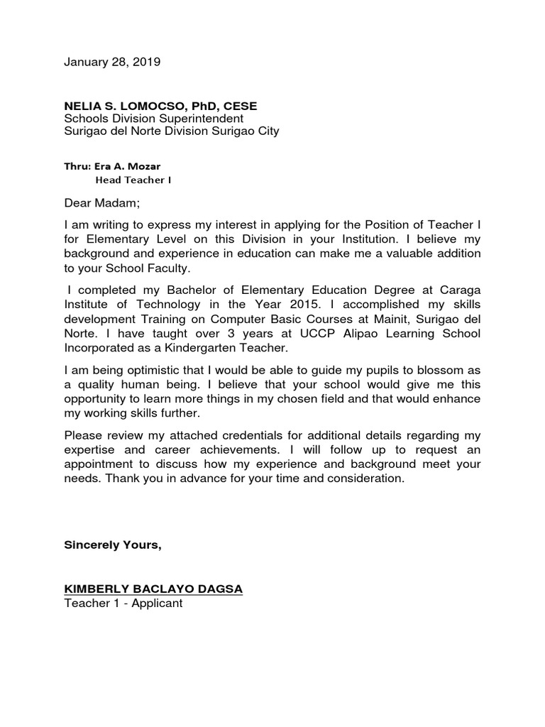Application Letter | PDF | Teachers | Primary Education