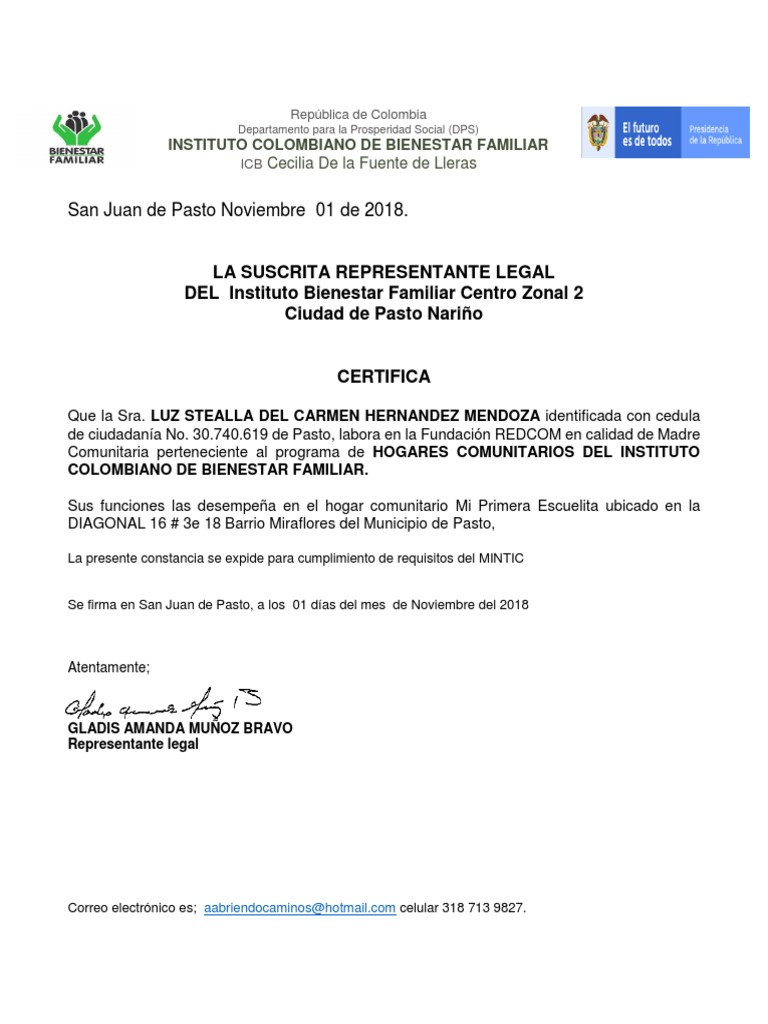Certificado laboral madre comunitaria ICBF Pasto | PDF