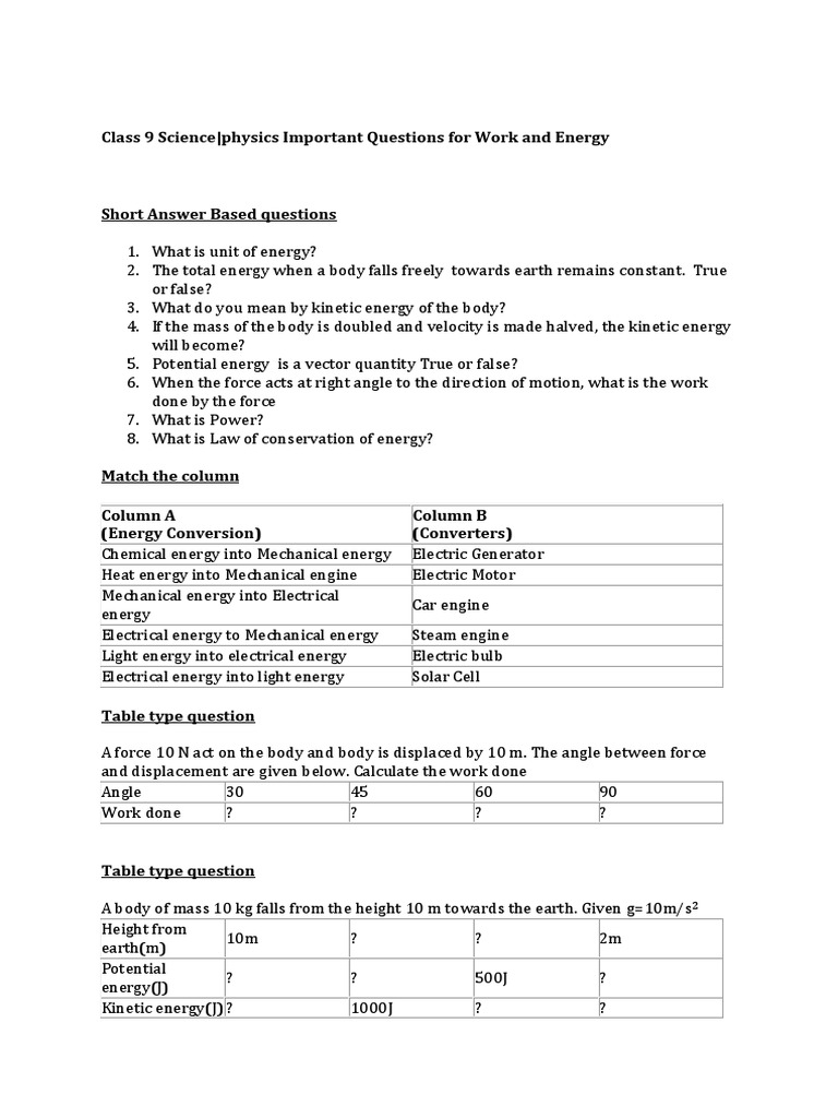 Class 9 Science - Physics Important Questions For Work and Energy | PDF ...