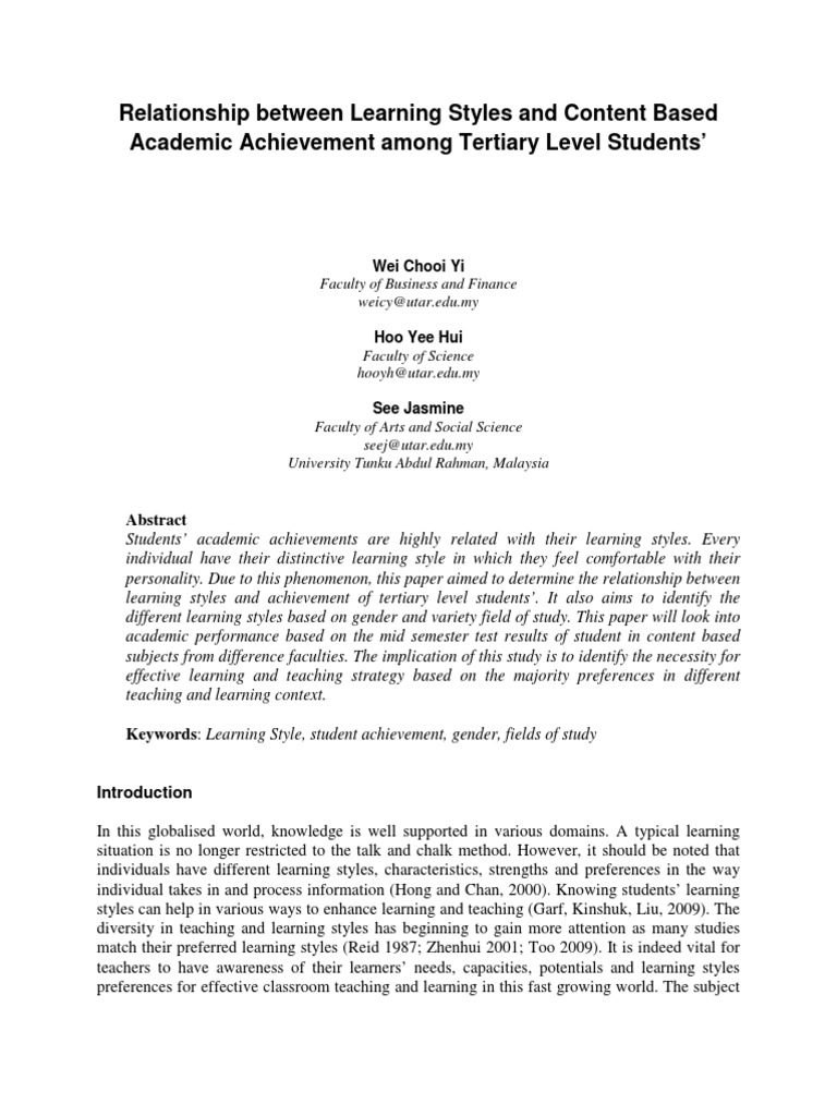 Relationship Between Learning Styles and Content Based Academic ...