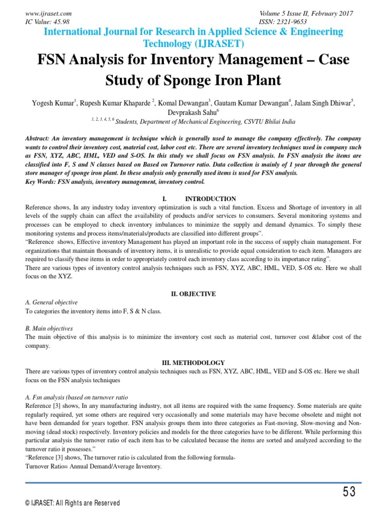 FSN Analysis For Inventory Management - Case Study of Sponge Iron Plant ...