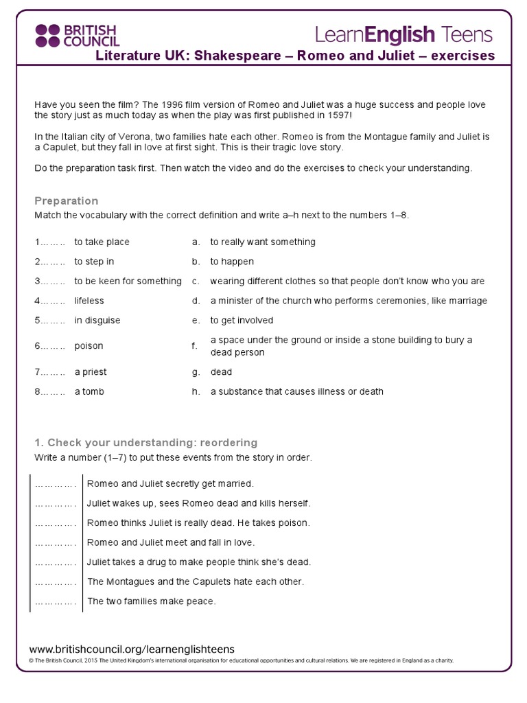 Literature UK: Shakespeare - Romeo and Juliet - Exercises: Preparation ...