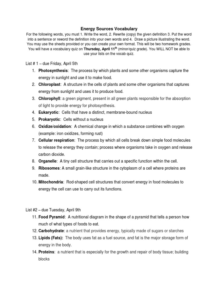 Energyvocabulary | PDF | Carbohydrates | Cell (Biology)