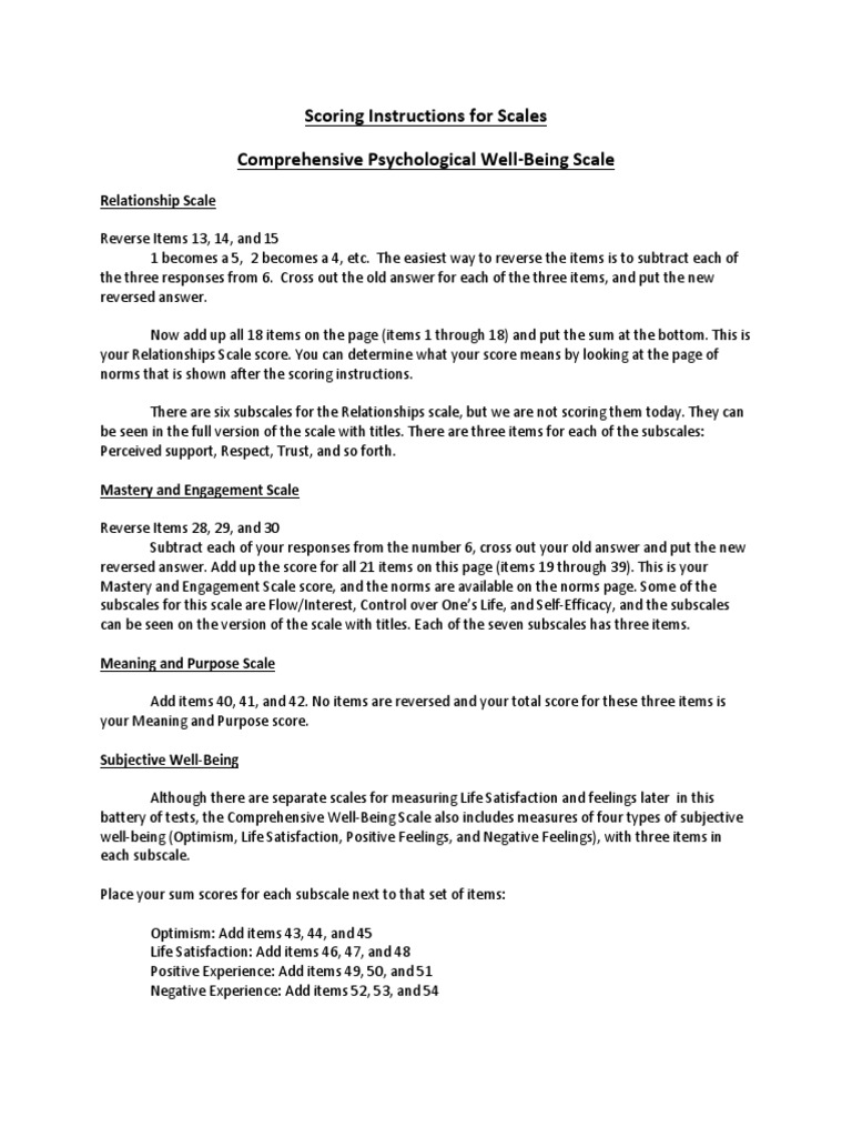 Scoring Instructions For Scales Comprehensive Psychological Well-Being ...
