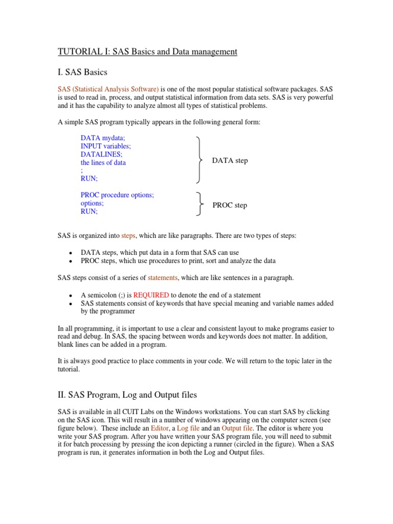 TUTORIAL I: SAS Basics and Data Management I. SAS Basics: SAS ...