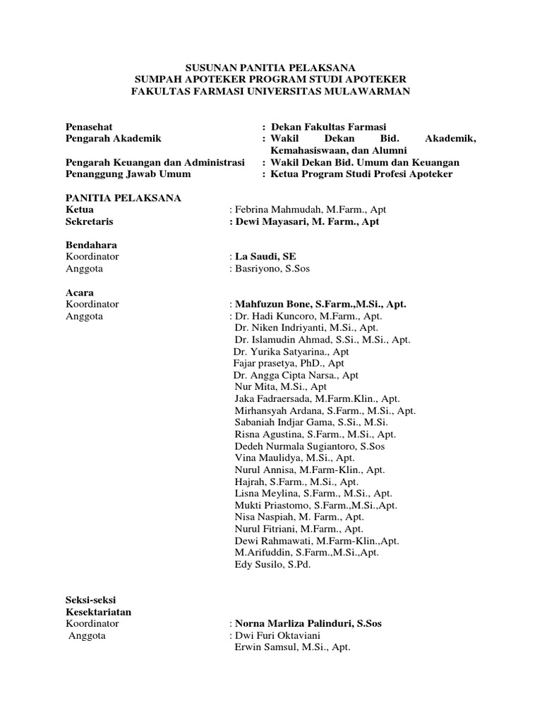 Susunan Panitia Pelaksana Sumpah Apt | PDF