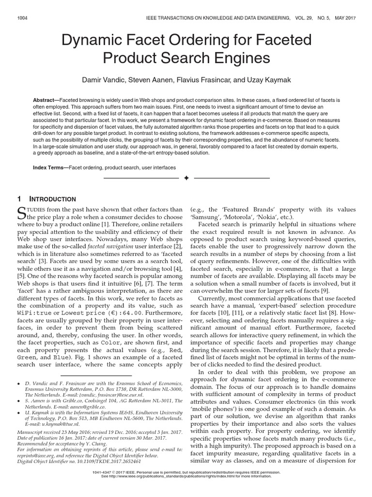 Dynamic Facet Ordering For Faceted Product Search Engines: Damir Vandic, Steven Aanen, Flavius ...
