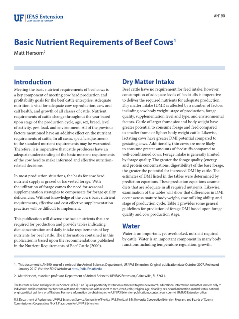 Basic Nutrient Requirements of Beef Cows: Dry Matter Intake | PDF ...