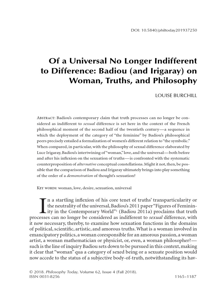 Of A Universal No Longer Indifferent To Difference Badiou (And Irigaray ...