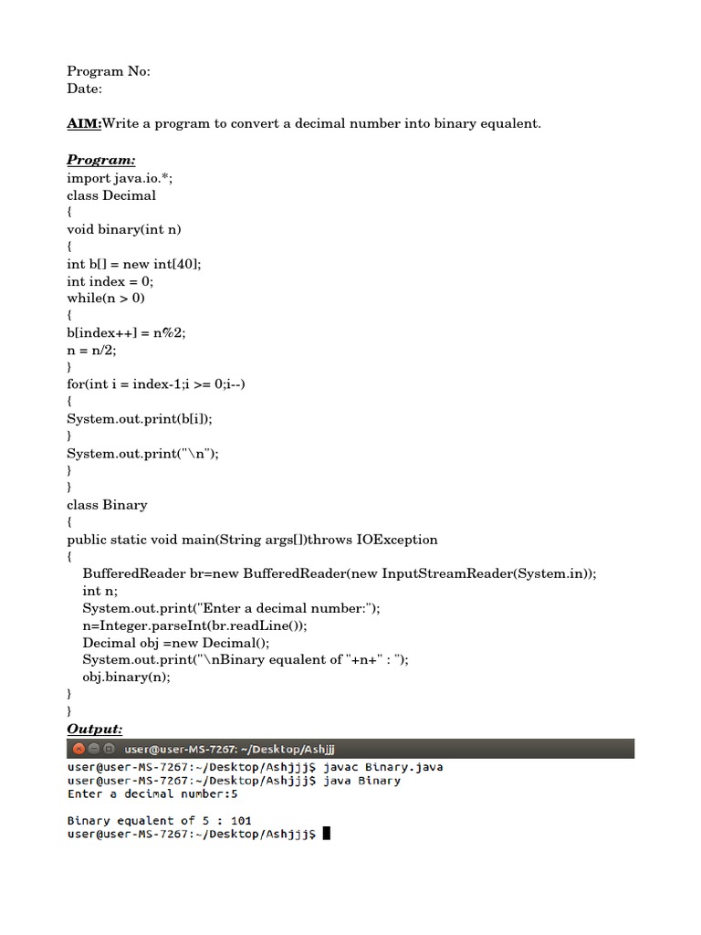 AIM:Write A Program To Convert A Decimal Number Into Binary Equalent ...