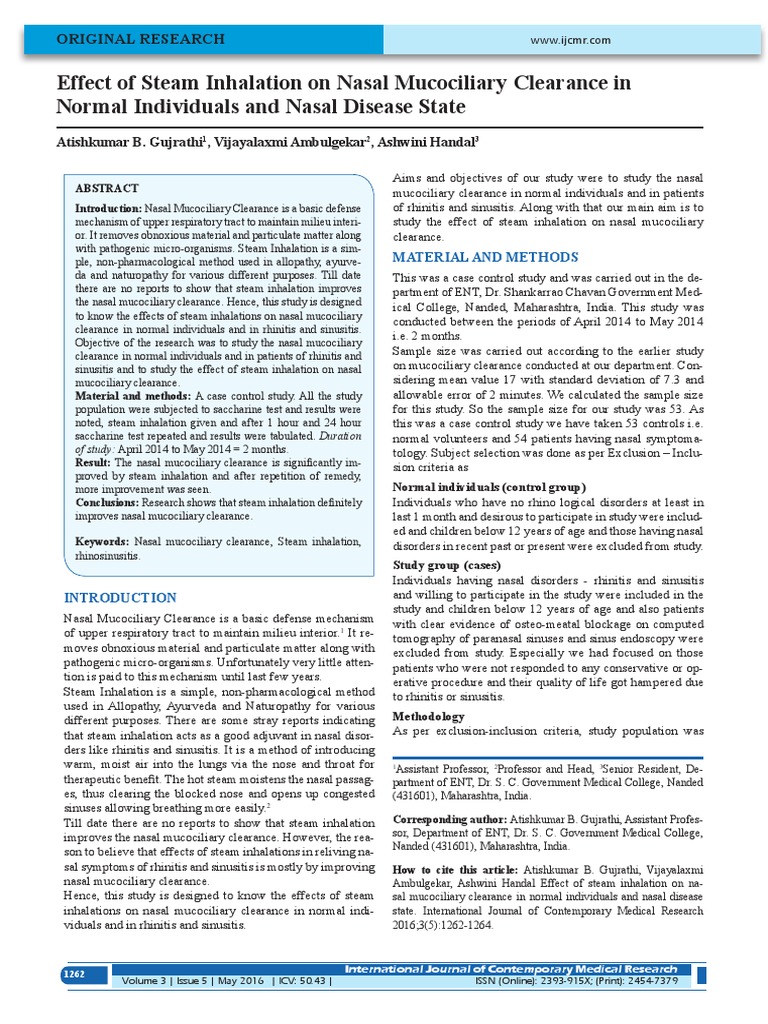 Effect of Steam Inhalation On Nasal Mucociliary Clearance in Normal ...