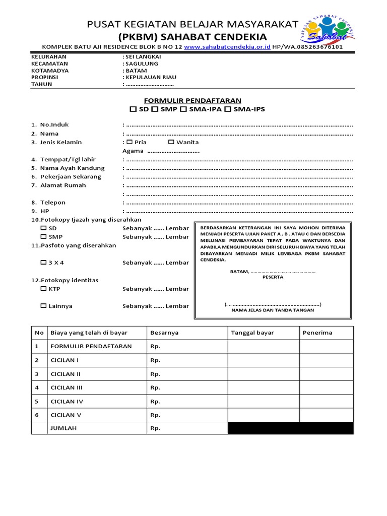 Formulir Pendaftaran PKBM SC | PDF