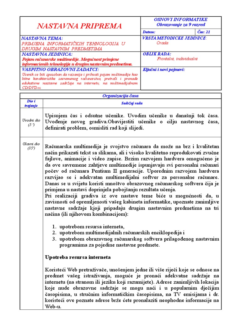 Priprema Nastave Za 9 Razred Informatikae 21 Cas | PDF