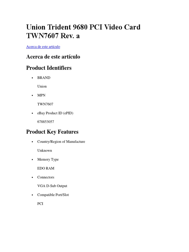 Union Trident 9680 PCI Video Card TWN7607 Rev | PDF