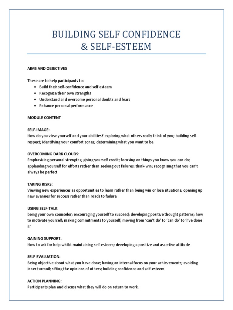 Building Self Confidence & Self-Esteem: Aims and Objectives | PDF