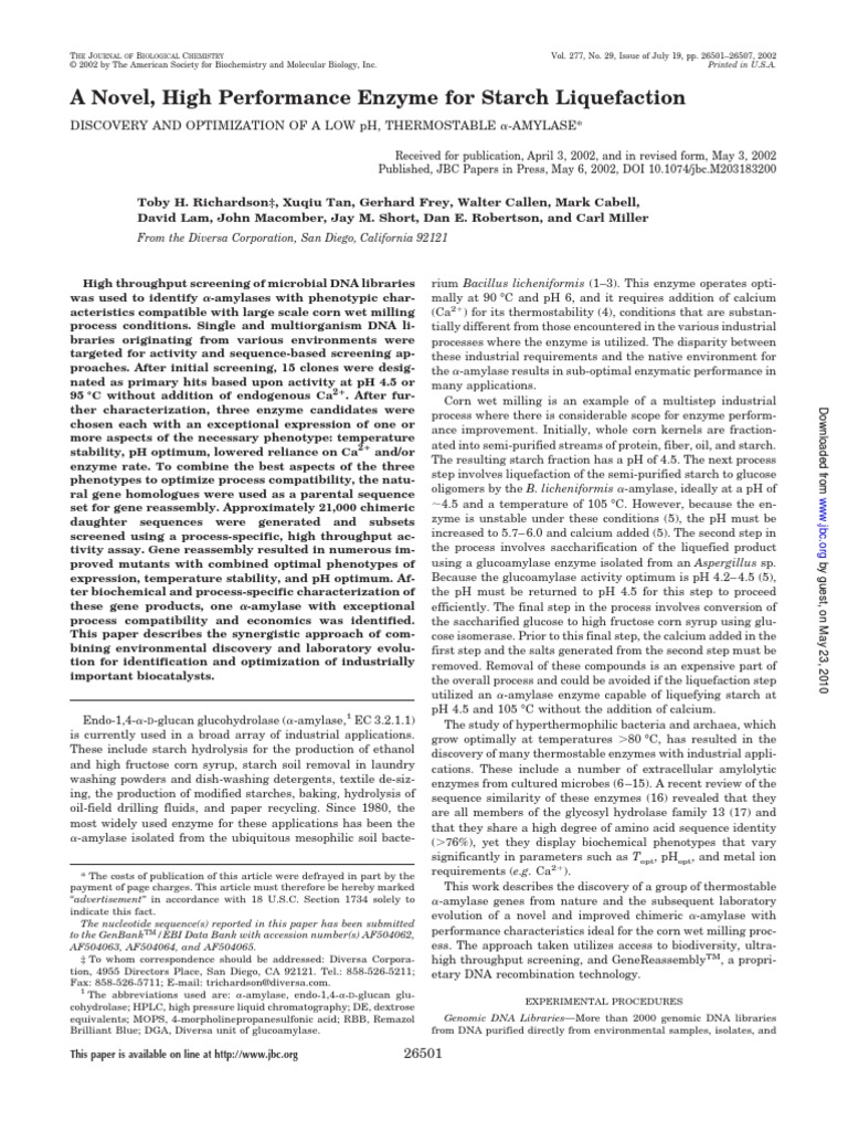 A Novel High Performance Enzyme For Starch Liquefaction | PDF | Glucose ...