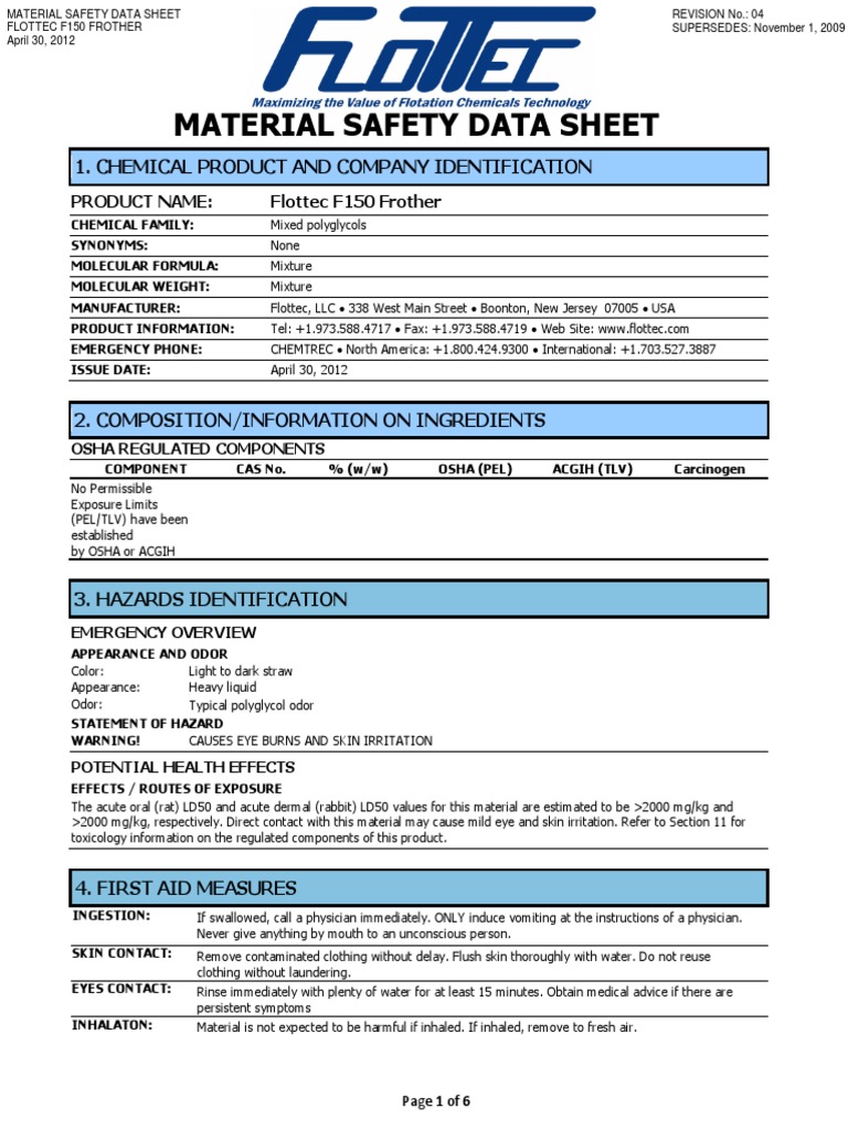 Flottec F150 Frother MSDS r04 | PDF | Dangerous Goods | Firefighting