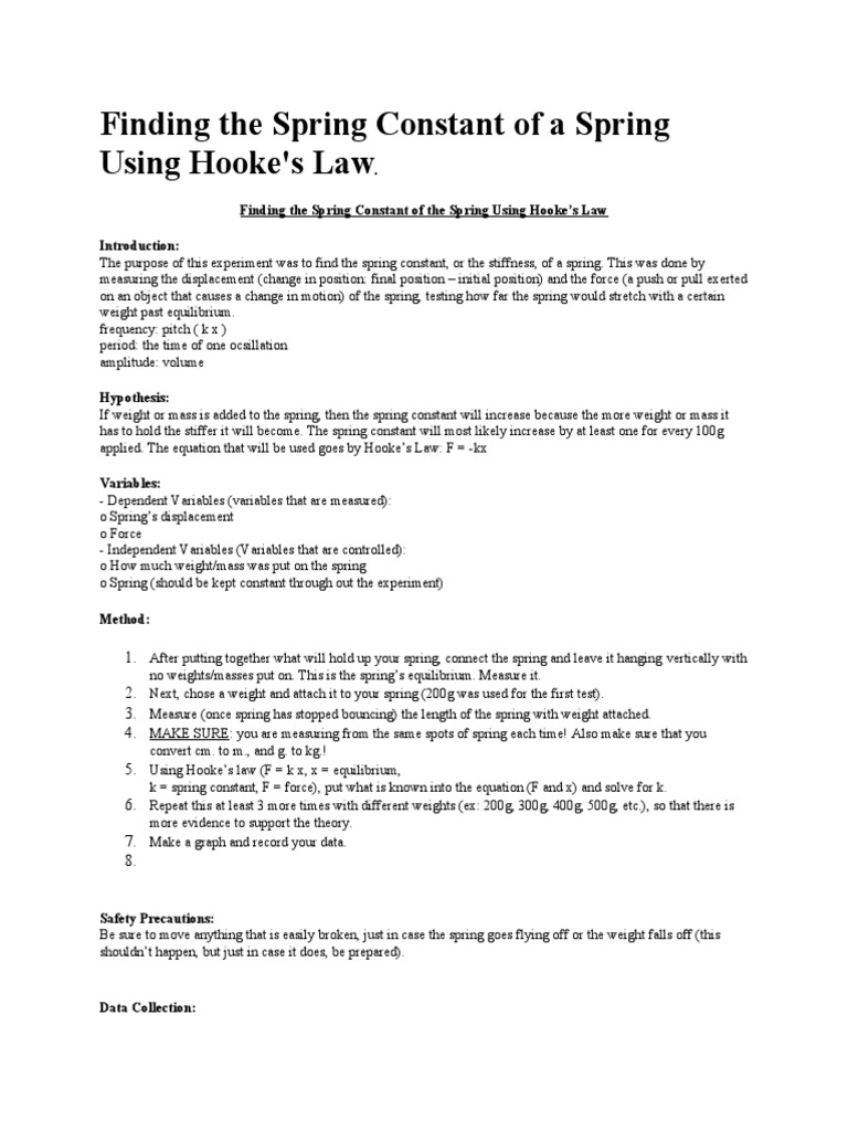 Calculating Spring Constant Using Hooke's Law | PDF | Force ...