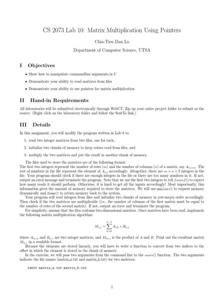 CS 2073 Lab 10: Matrix Multiplication Using Pointers: I Objectives | PDF | Matrix (Mathematics ...