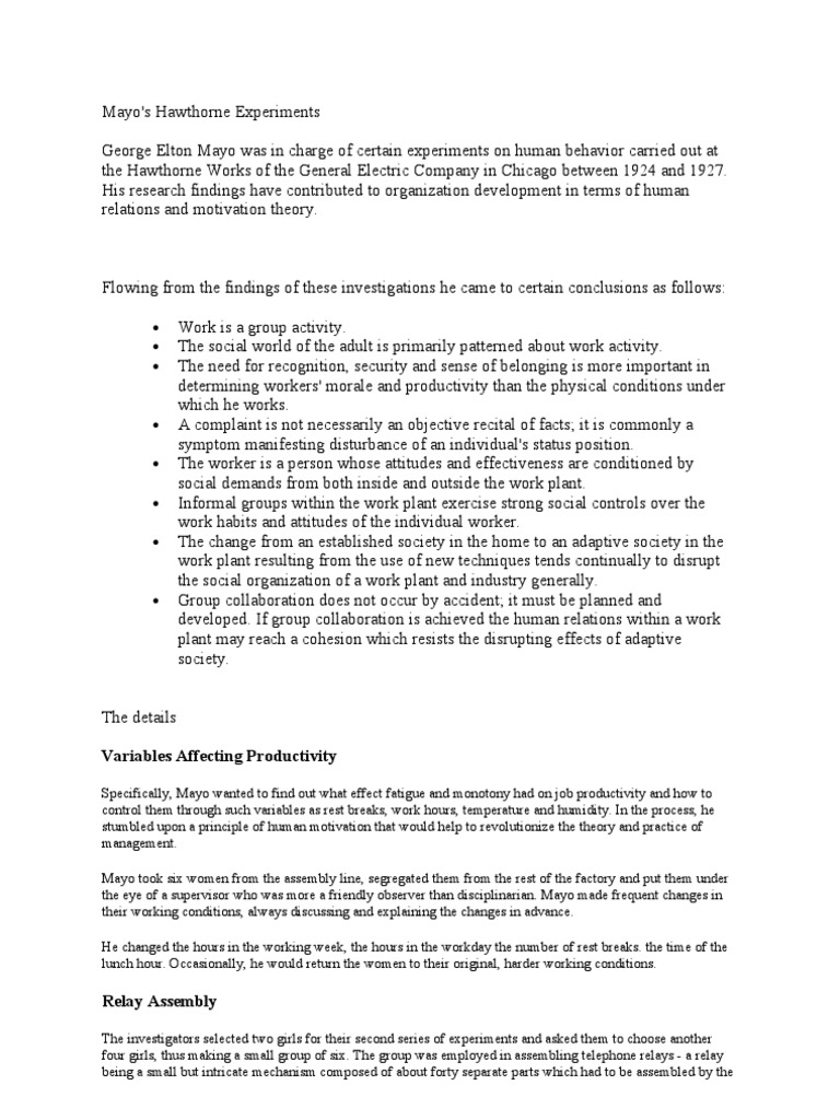 Insights from Mayo's Hawthorne Experiments | PDF | Motivation ...