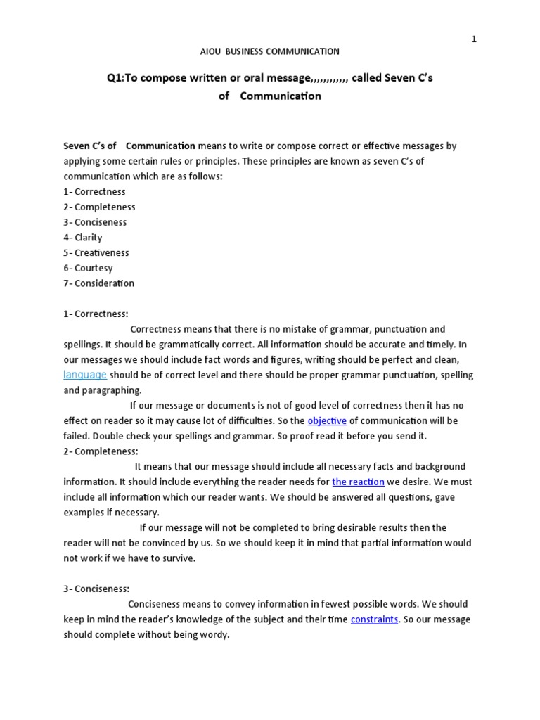 Q1:To Compose Written or Oral Message,,,,,,,,,,,, Called Seven C's of ...